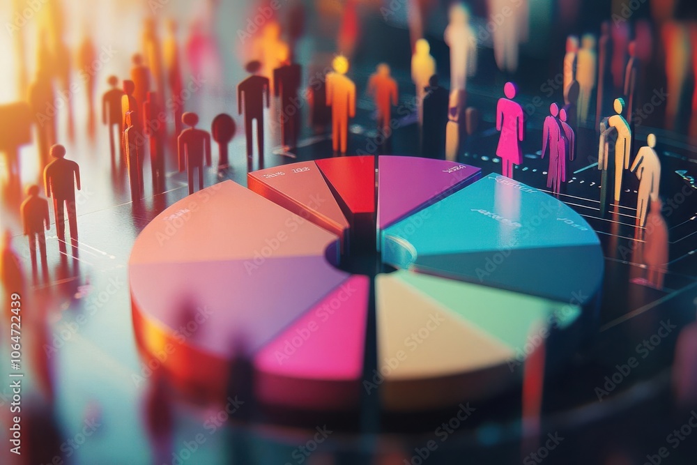 Market segmentation analysis with pie charts and demographic icons, precise targeting, 3D ...