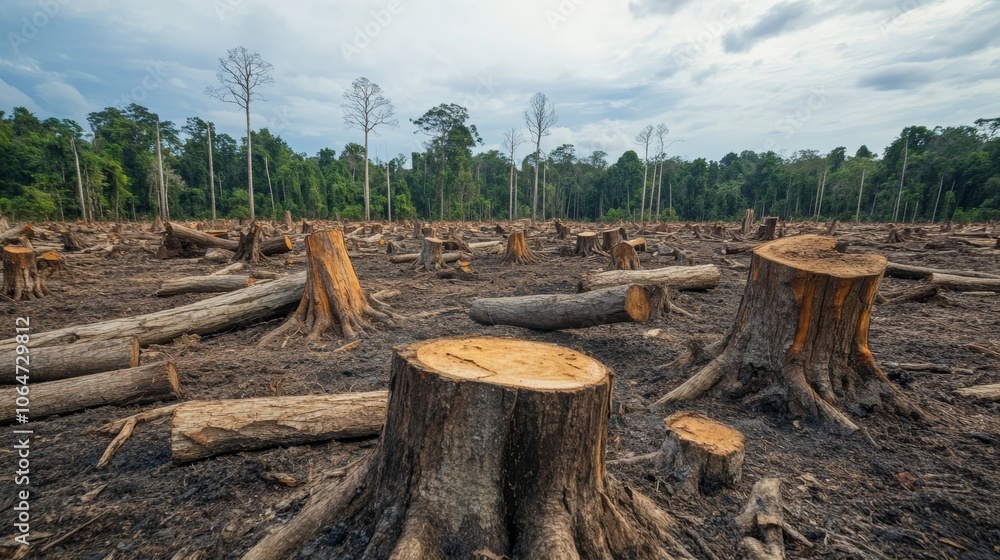 A barren forest with tree stumps and cut logs scattered across the ...