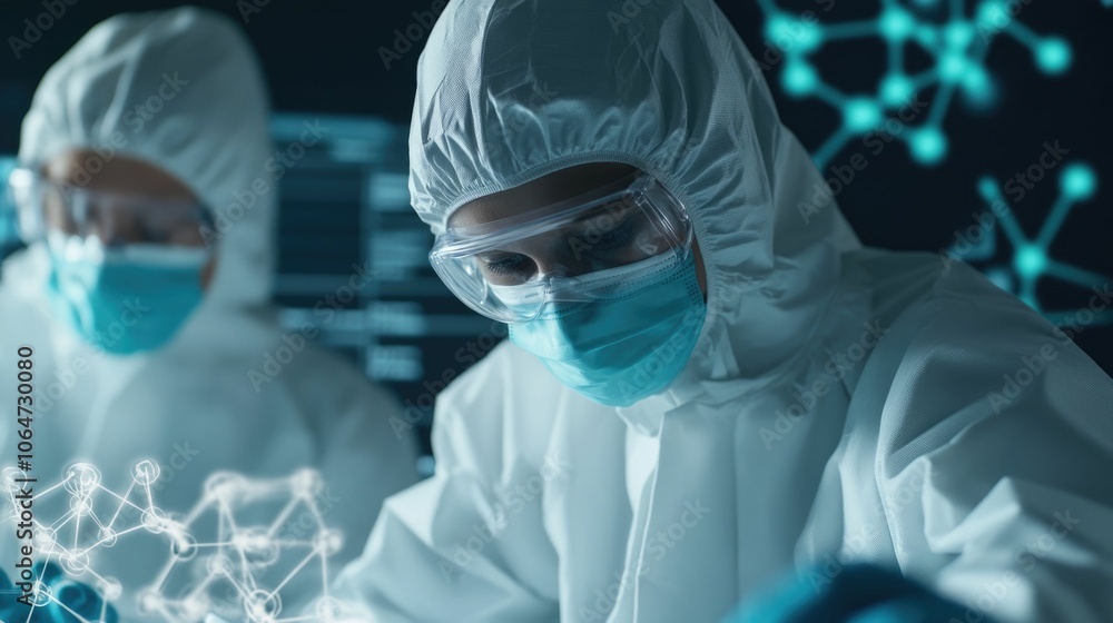 Diverse team of scientists in protective gear observing a 3D printed ...