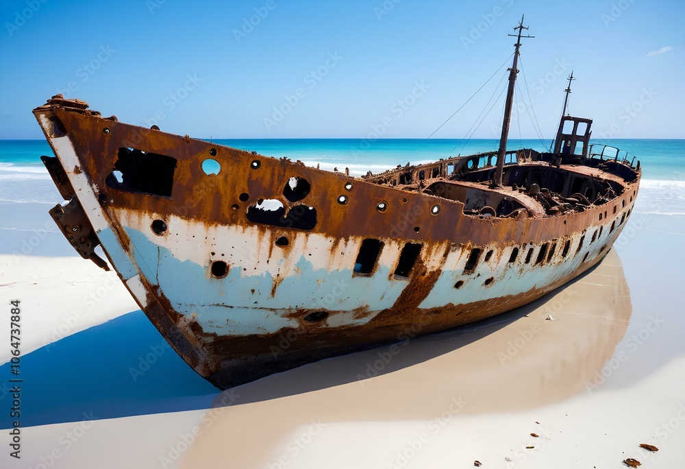 Shipwreck on the beach The ship's hull has rusted metal plates that ...