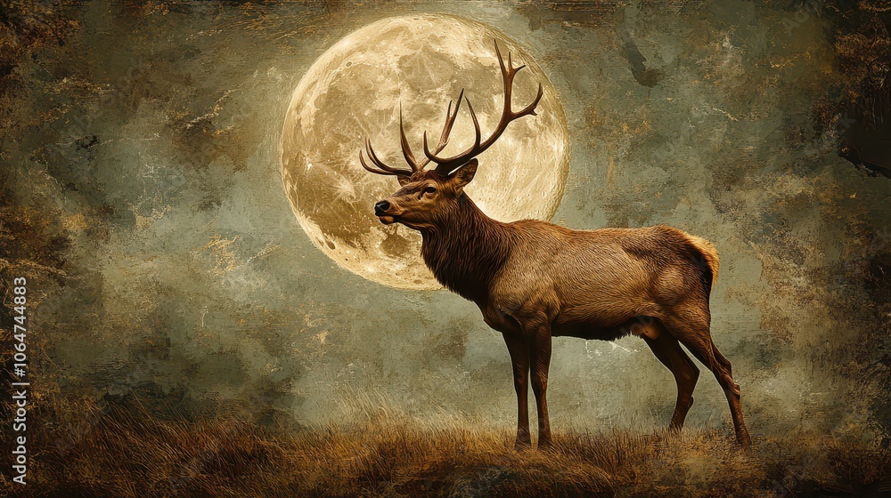 Regal stag under a shimmering full moon: Celestial backdrop and moody ...