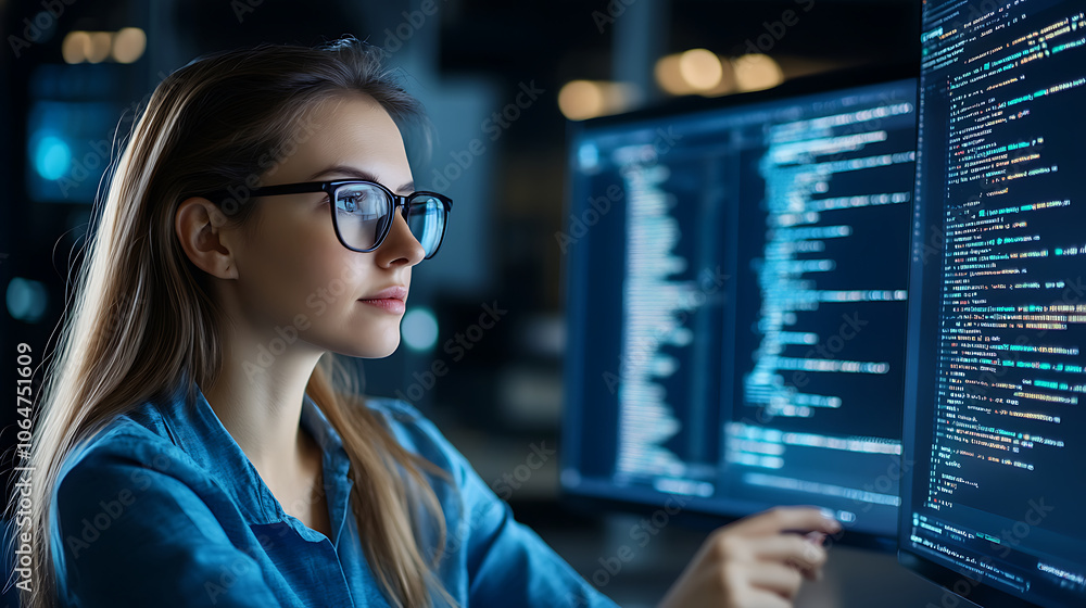 Women in glasses reading html scripts, programming and cyber security research, plus data ...