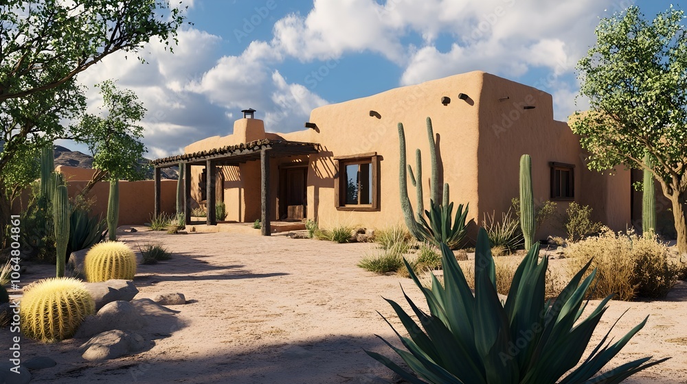 A traditional adobe house in the New Mexico desert, with flat roofs ...