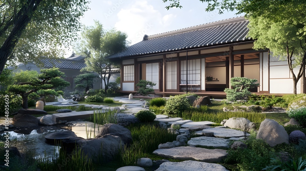 A traditional Japanese house with sliding shoji doors, a tiled roof ...