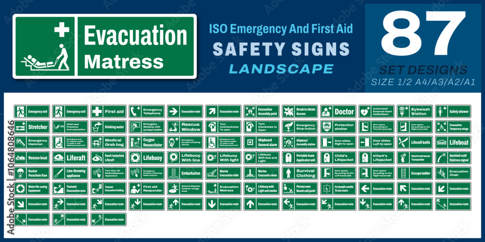 87 set iso emergency and first aid safety signs v66_evacuation matress ...