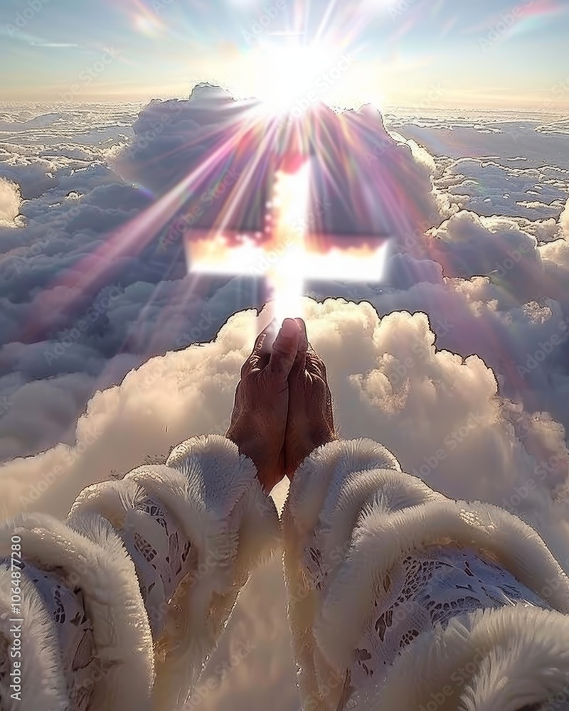 Hands reaching skyward with radiant cross at sunrise, bathed in white ...