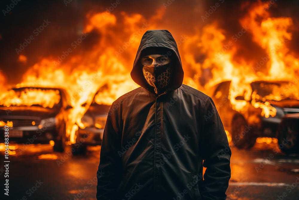 Fire in the car and blast after the road accident at night created with ...
