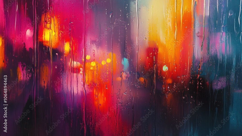 Raindrops cascading down a windowpane, blurring the view of a vibrant ...