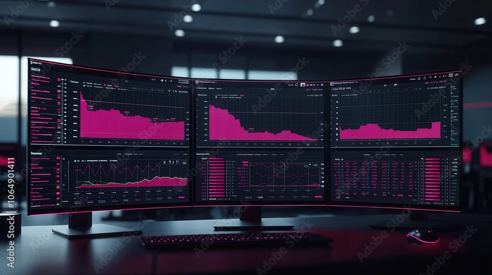 An advanced trading workstation with multiple monitors displaying vibrant market data and charts ...