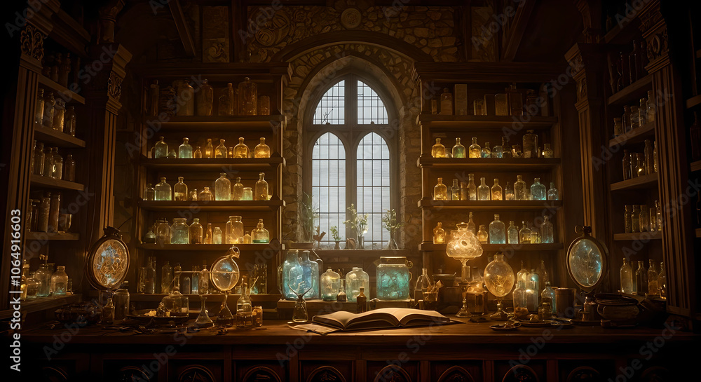 Alchemist workshop. A strange and creepy room with cabinets of ...