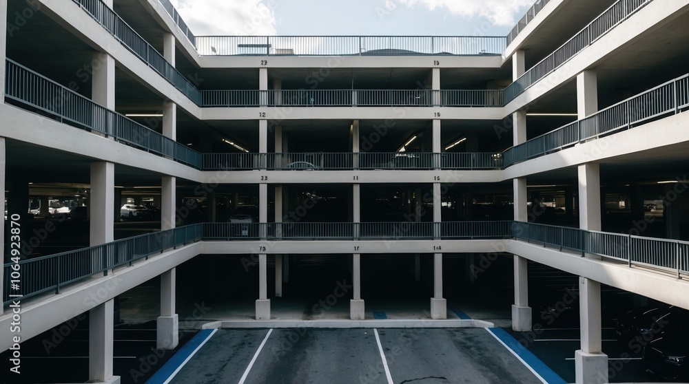 Multi-level parking garage structure with empty spaces, modern ...