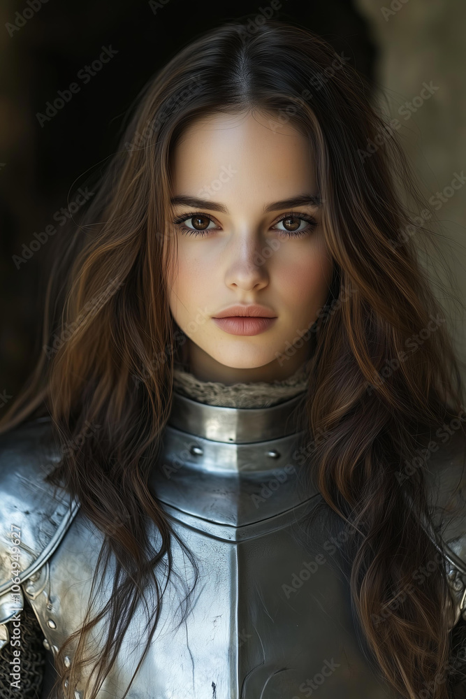 beautiful medieval female knight, with long brown wavy hair and dark ...