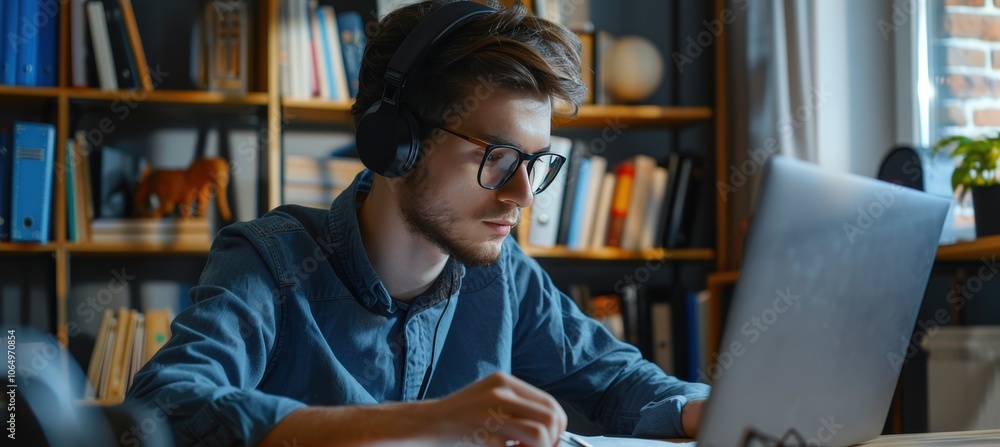Student attending online training with remote tutor, taking notes in ...
