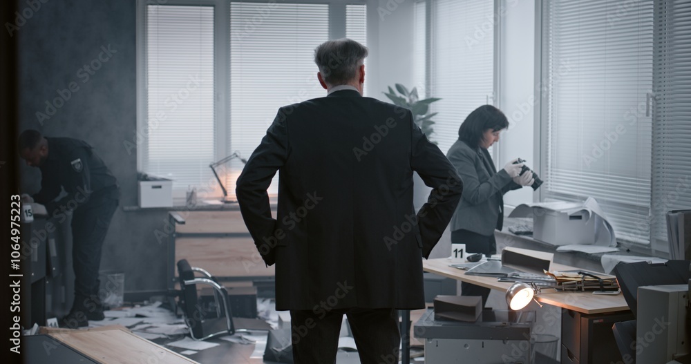 Office robbery case: Crime investigation team working. Back view of ...