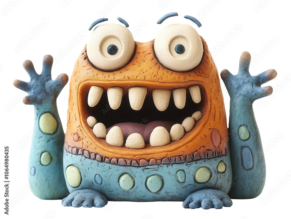 Colored clay model of a monster with a large open mouth, jagged teeth ...