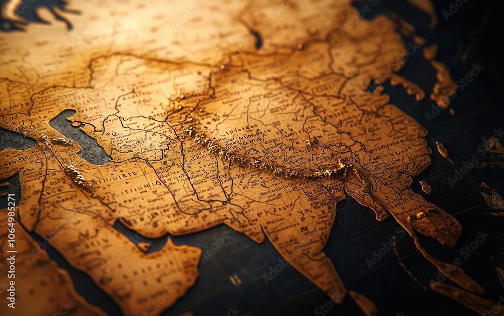 Antique map showing silk road routes across continents, Old map, trade ...