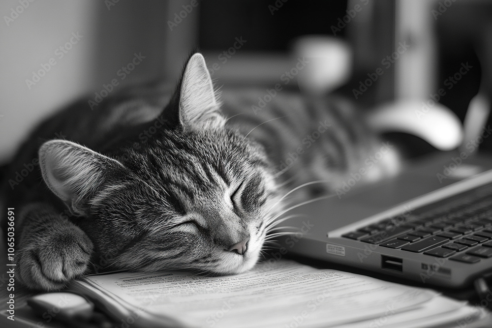 Black and white photo of a cute cat sleeping on a laptop keyboard. The ...