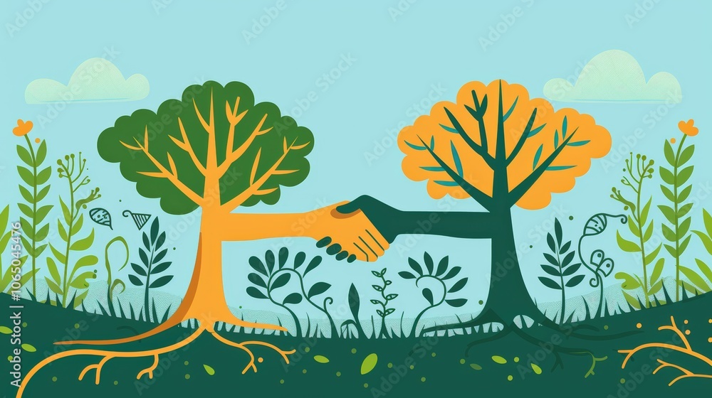 A business concept of stability and loyalty with two trees with roots ...