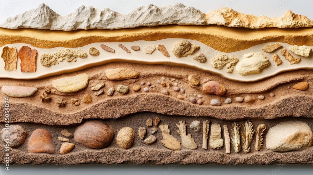 Detailed cross-section of earth layers showcasing rocks, soil, and fossils, representing geology ...