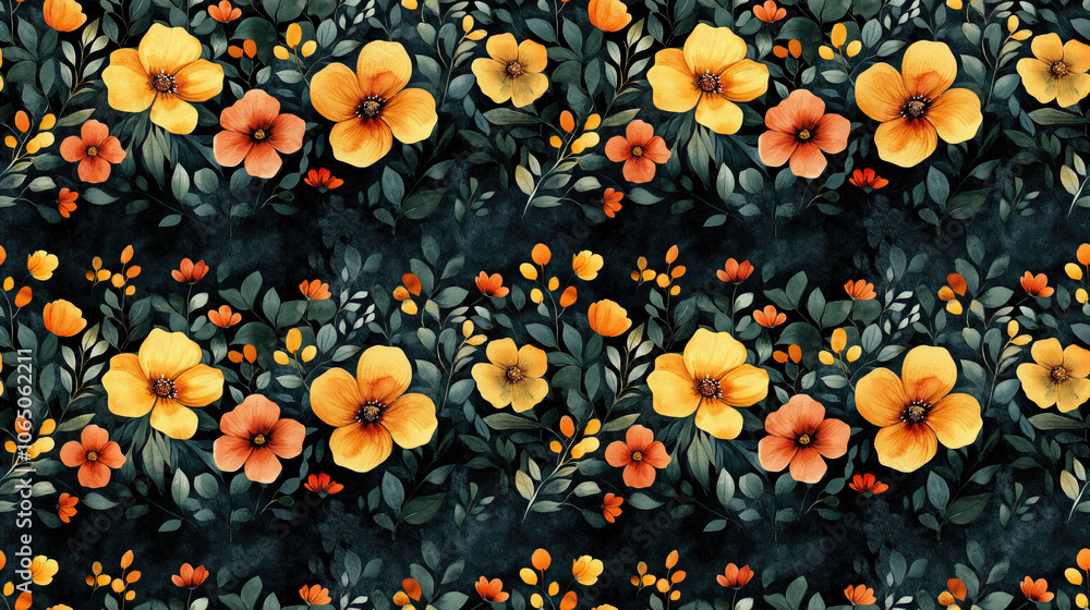 Nature inspired watercolor floral scroll designs in a seamless pattern ...