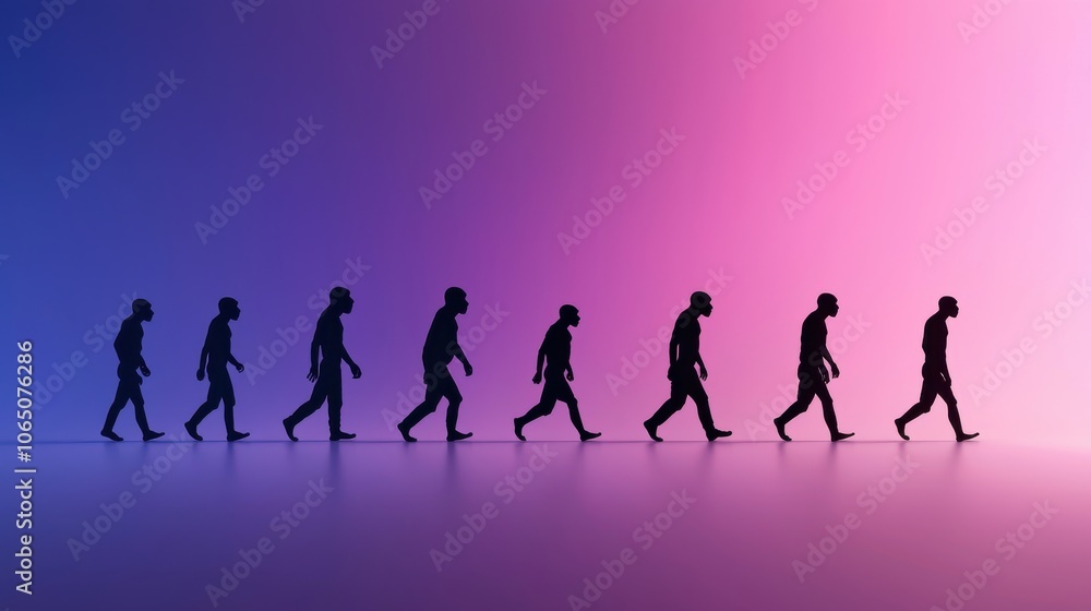 Silhouettes of different evolutionary stages, from ape to modern human ...