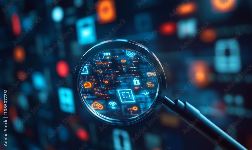 A close-up shot of a magnifying glass scanning over icons that ... A close-up shot of a magnifying glass scanning over icons that ...