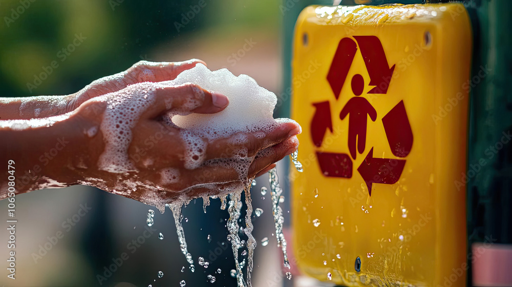 Hands washing soap under a recycling sign, highlighting the importance ...