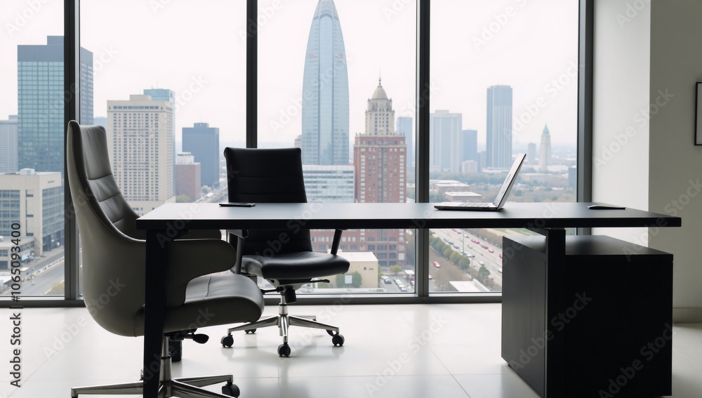 Office interior with desktop setup including chair laptop and urban ...