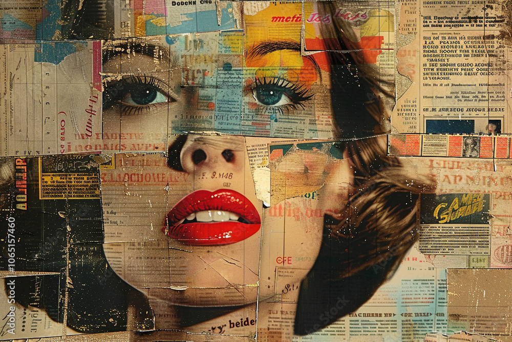 Collage portrait painting facial closeup eye contact print design art ...