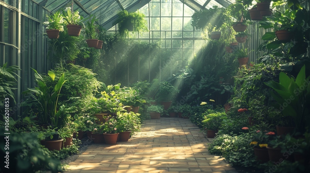 Greenhouse garden, presenting natural light, color gradient, and ...