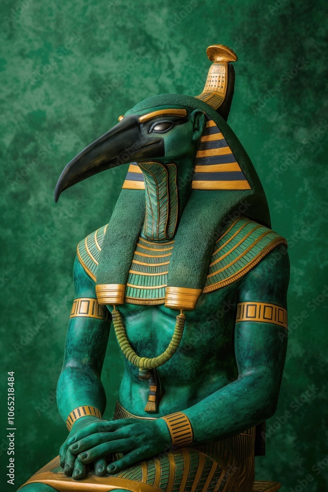 Green statue of Thoth the Egyptian god of wisdom and writing sitting on ...