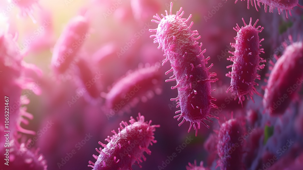 3D rendered E. coli bacteria in microscopic view with pink-toned cells ...