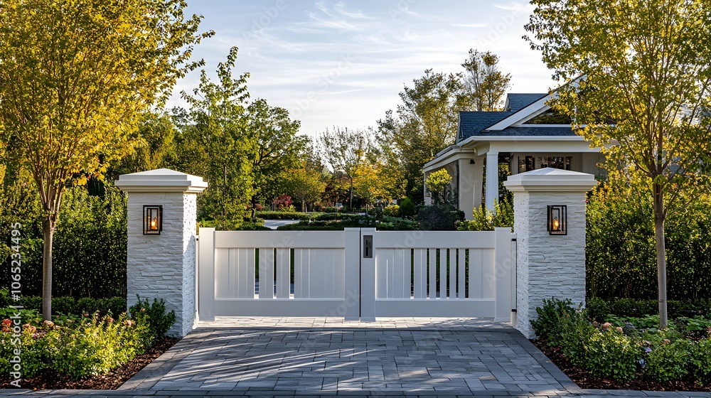 Elegant white residential gate at a contemporary house entrance ...