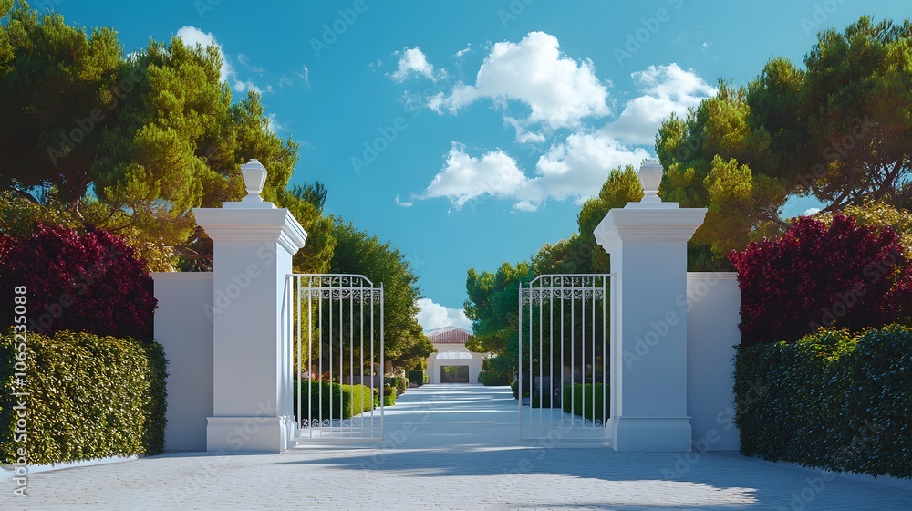 Elegant white residential gate at a contemporary house entrance ...