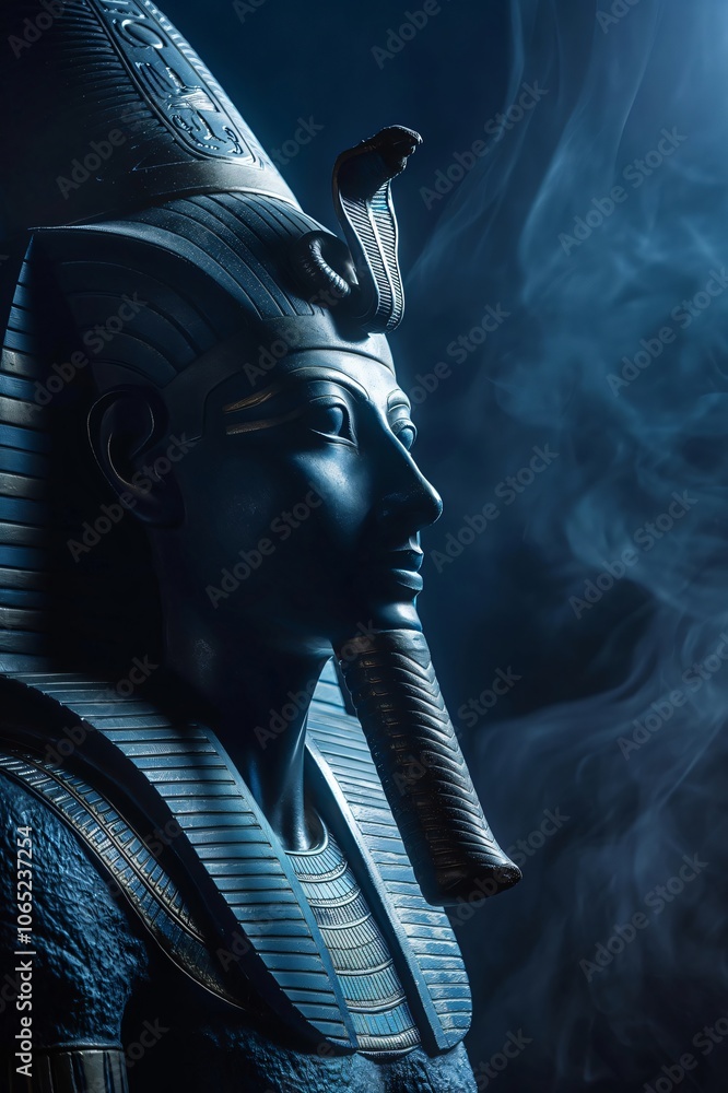 Blue statue of Ra, the ancient Egyptian sun god, shrouded in mysterious ...