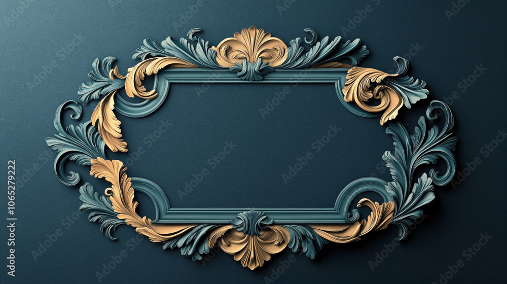 Intricate baroque ornament design with teal and gold scroll patterns on ...