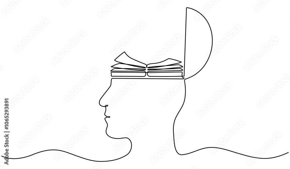 Continuous line drawing open book inside head. Education linear symbol ...