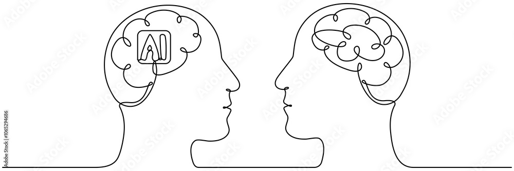 Robot vs human continuous line drawing. Future technology concept ...