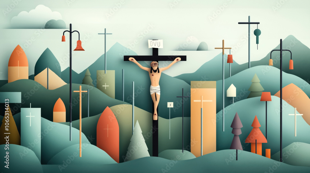 Abstract illustration of crucifixion scene with stylized landscape and crosses. Depicts Jesus on ...
