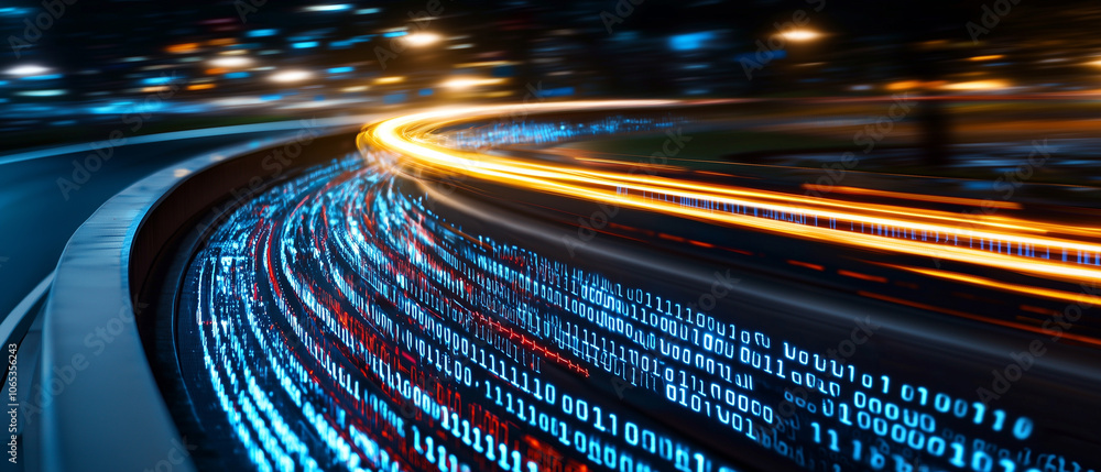 dynamic digital data stream flows through virtual landscape, glowing with binary code and ...
