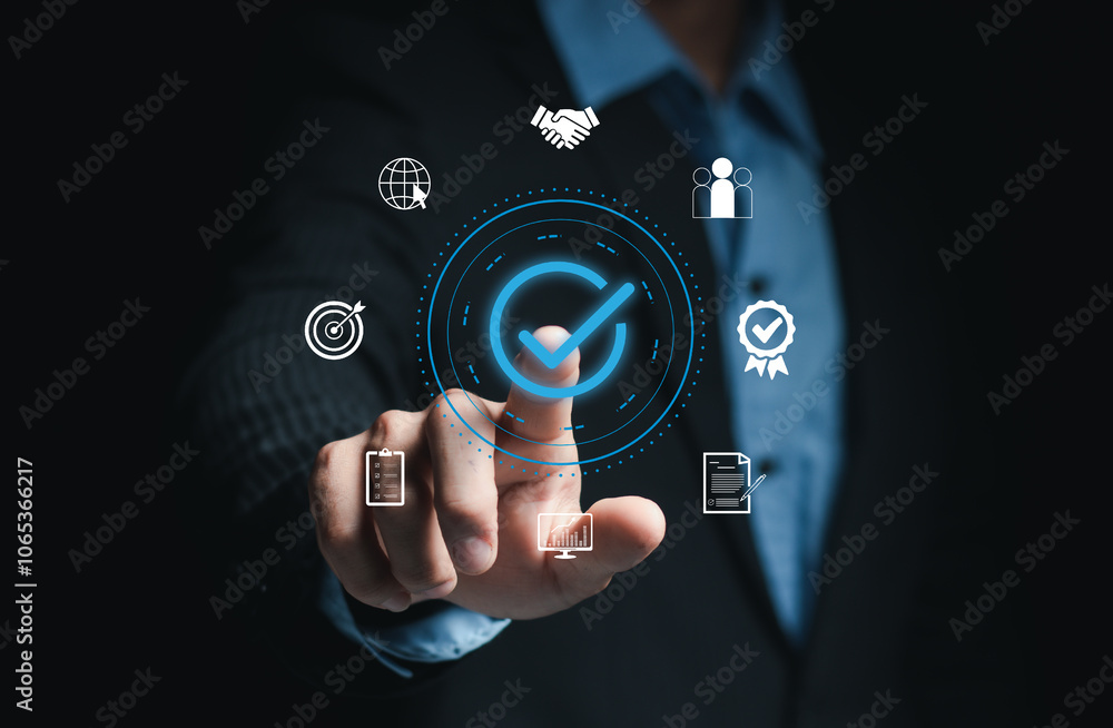 Quality assurance and icon set, Guarantee, Standards, ISO Hand touch on ...