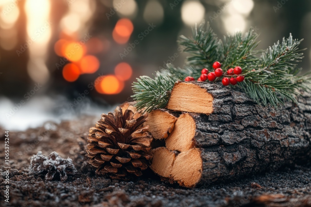 Cozy Winter Wonderland Yule Log with Pine Sprigs, Holly Berries, and a ...