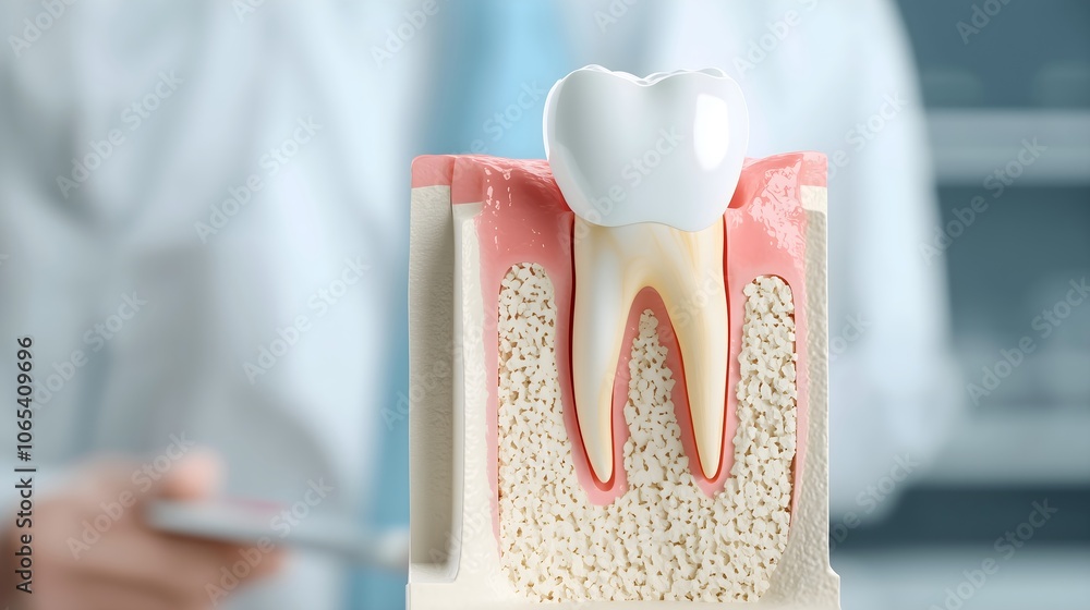 Cross section model of tooth anatomy showing enamel and root structure ...