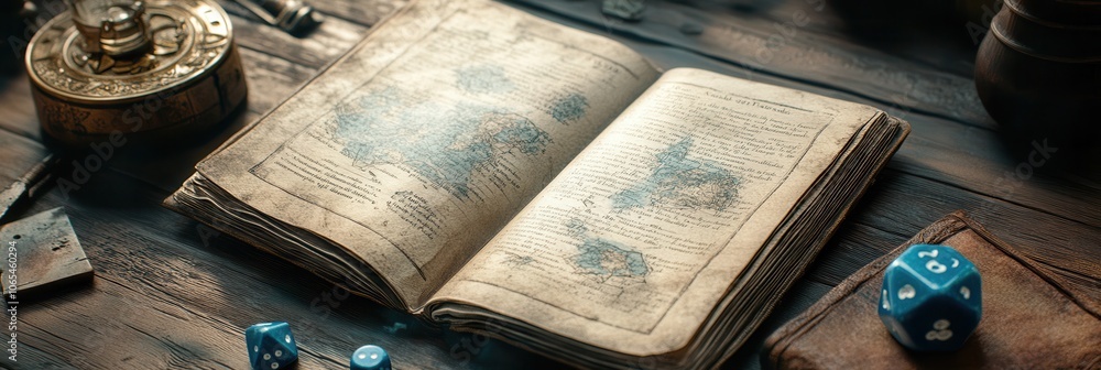 Tabletop adventure book with open pages, character sheet, blue dice ...