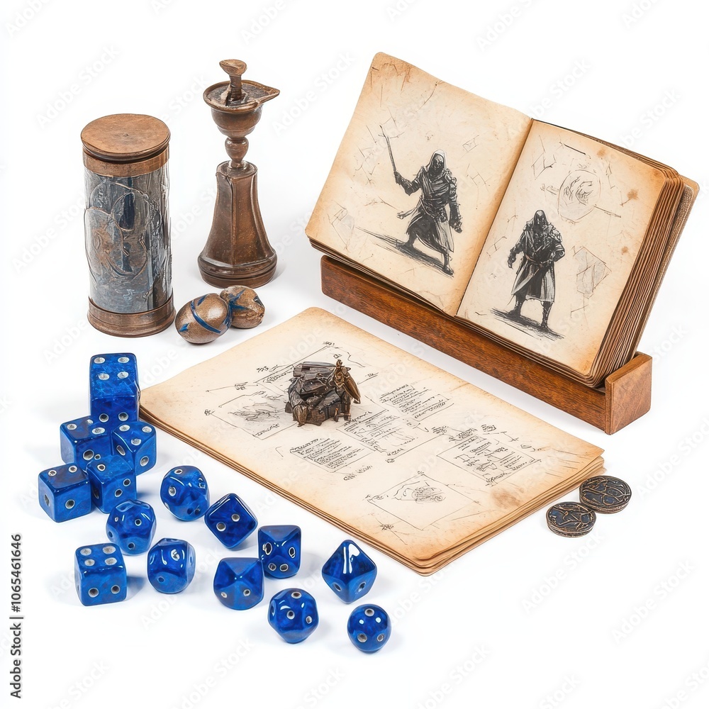 TTRPG setup without people, character sheet, miniatures and blue dice ...