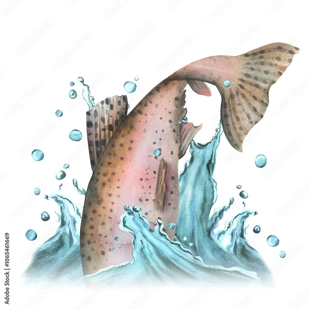 Jumping rainbow trout with water splash. Fishing clipart. Hand-drawn ...