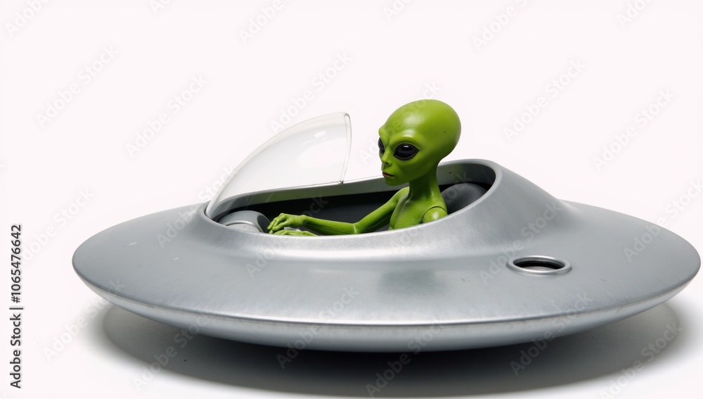 An alien pilot is depicted within a futuristic flying-saucer-shaped ...