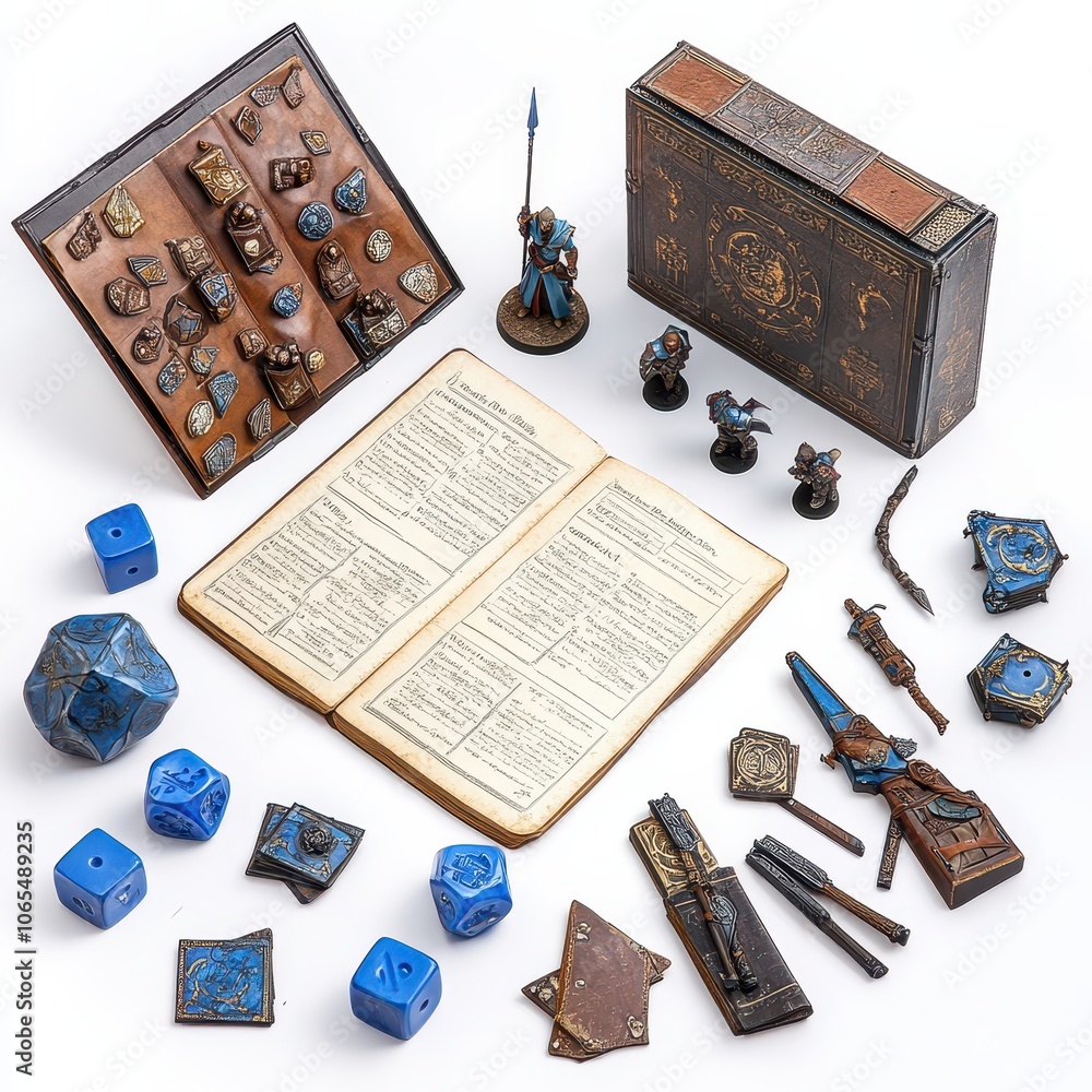 TTRPG setup without people, character sheet, miniatures and blue dice ...