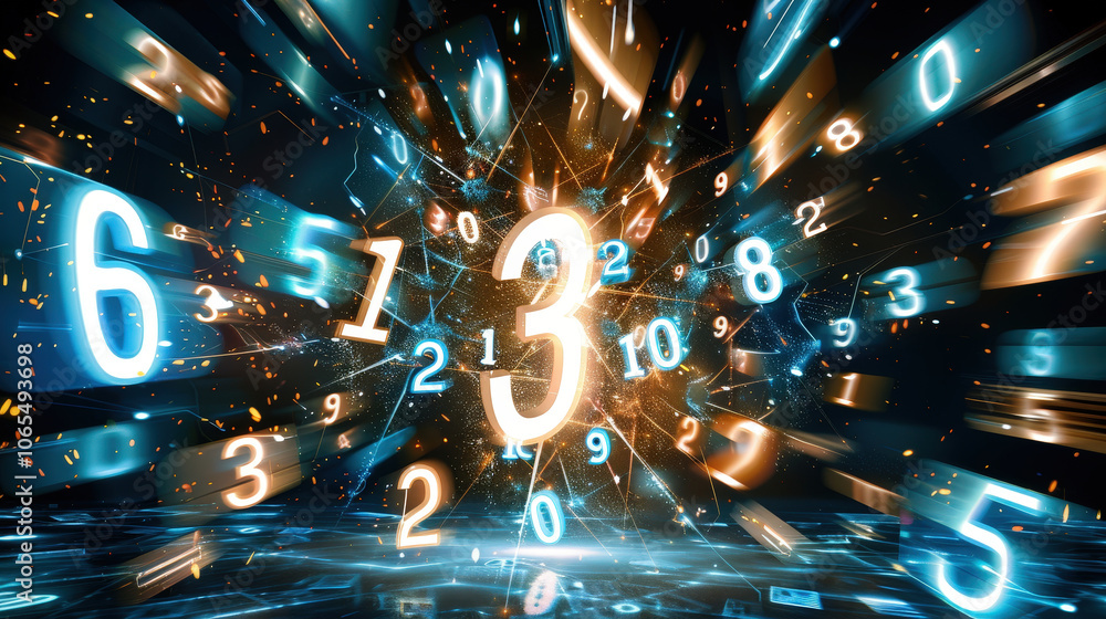 Dynamic explosion of numbers with glowing effects, featuring prominent ...