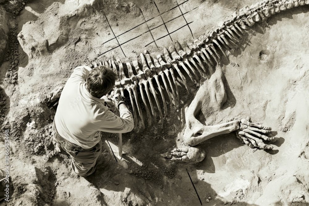 At an excavation site, a large dinosaur's fossilized vertebrae are ...